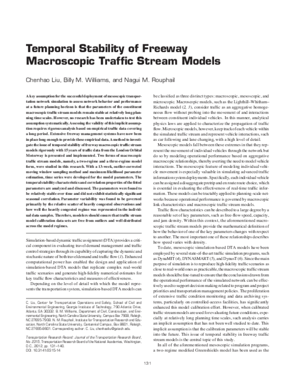 (PDF) Temporal Stability of Freeway Macroscopic Traffic Stream Models
