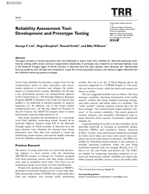 (PDF) Reliability Assessment Tool: Development and Prototype Testing