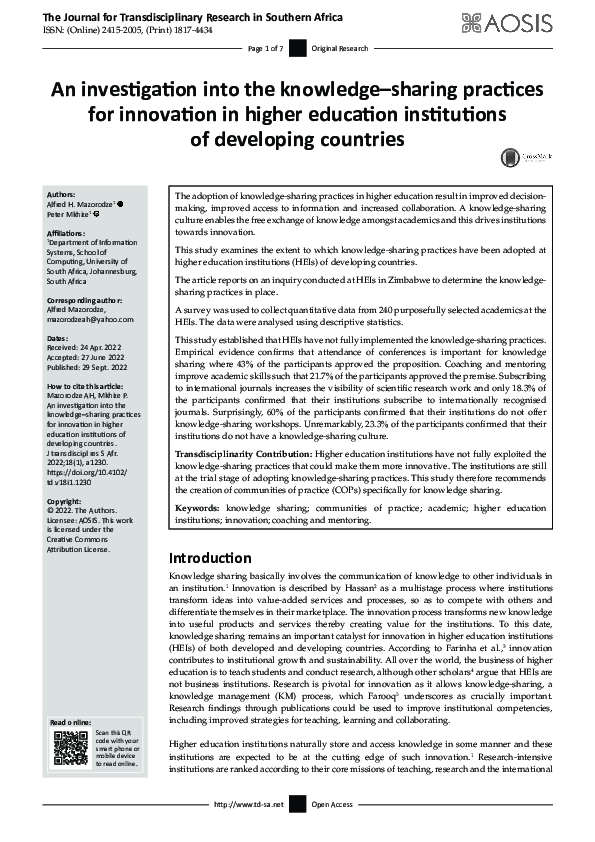 (PDF) An investigation into the knowledge–sharing practices for innovation in higher education ...