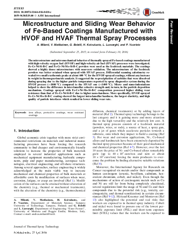 (PDF) Microstructure and Sliding Wear Behavior of Fe-Based Coatings Manufactured with HVOF and ...
