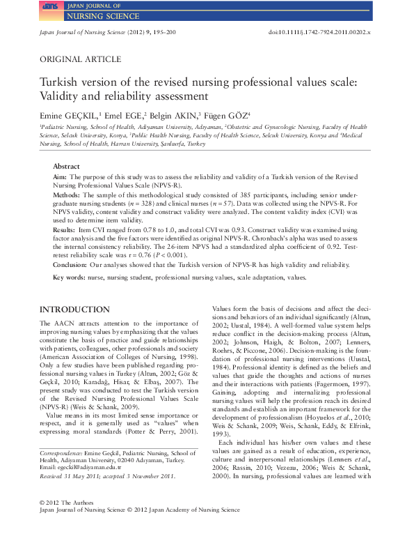 (PDF) Turkish version of the revised nursing professional values scale ...