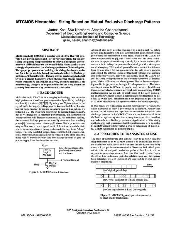 Pdf Mtcmos Hierarchical Sizing Based On Mutual Exclusive Discharge Patterns