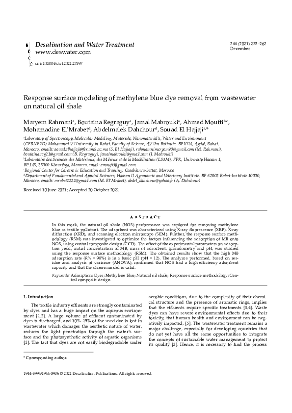 (PDF) Response surface modeling of methylene blue dye removal from wastewater on natural oil shale