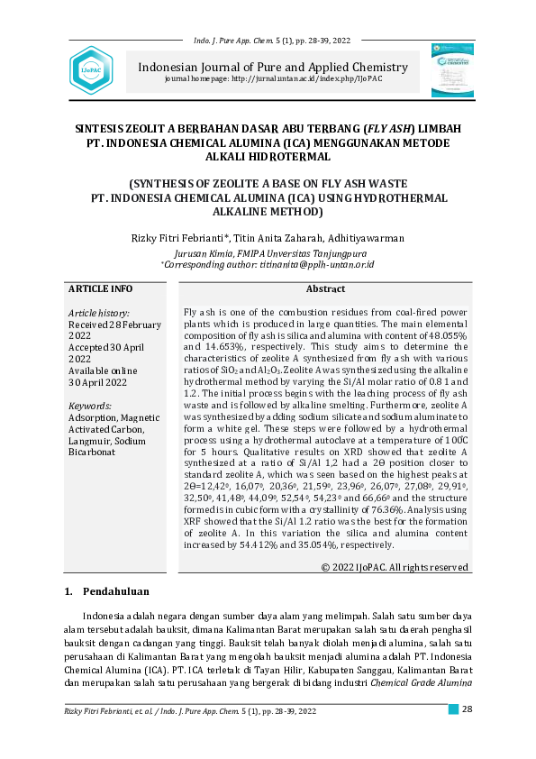 (PDF) Sintesis Zeolit a Berbahan Dasar Abu Terbang (Fly Ash) Limbah Pt ...