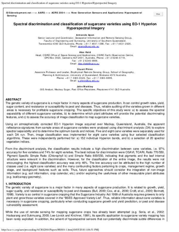 (PDF) Spectral discrimination and classification of sugarcane varieties ...