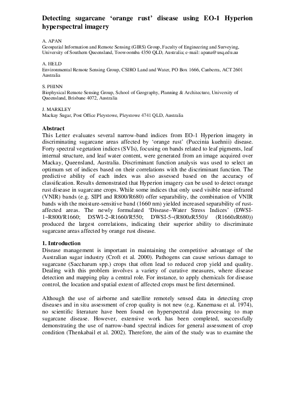 (PDF) Detecting sugarcane ‘orange rust’ disease using EO-1 Hyperion ...