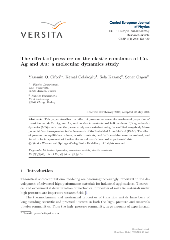 (PDF) The effect of pressure on the elastic constants of Cu, Ag and Au ...