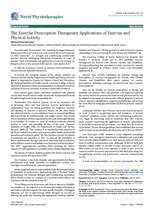 (PDF) The Exercise Prescription Therapeutic Applications of Exercise ...