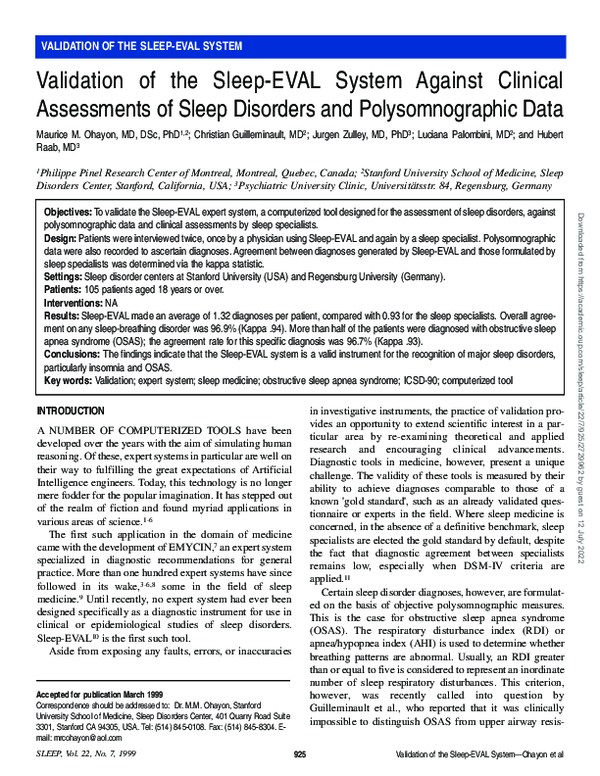 (PDF) Validation of the Sleep-EVAL System Against Clinical Assessments ...