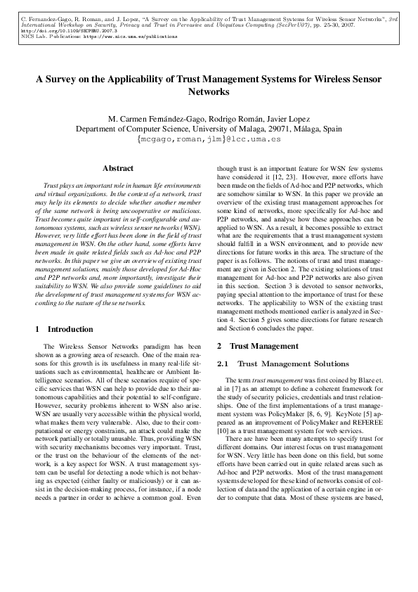 (PDF) A survey on the applicability of trust management systems for wireless sensor networks