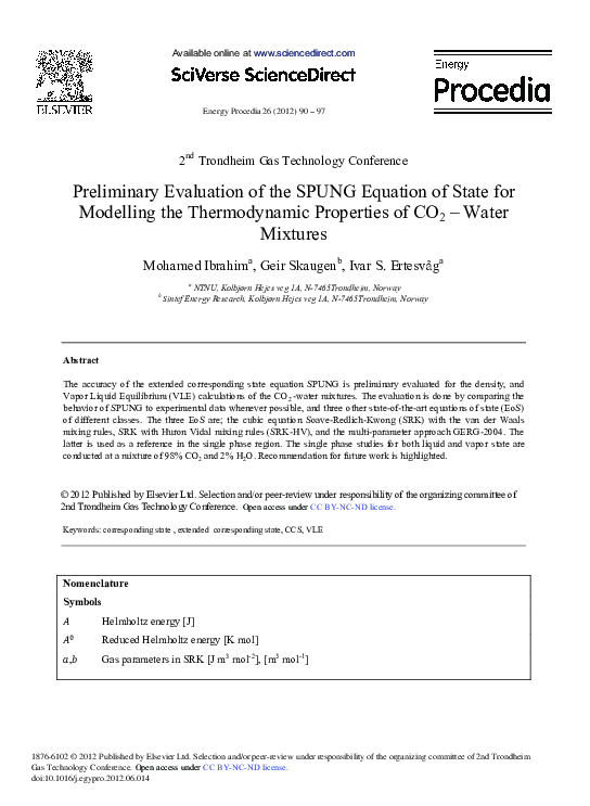 (PDF) Preliminary Evaluation of the SPUNG Equation of State for Modelling the Thermodynamic ...