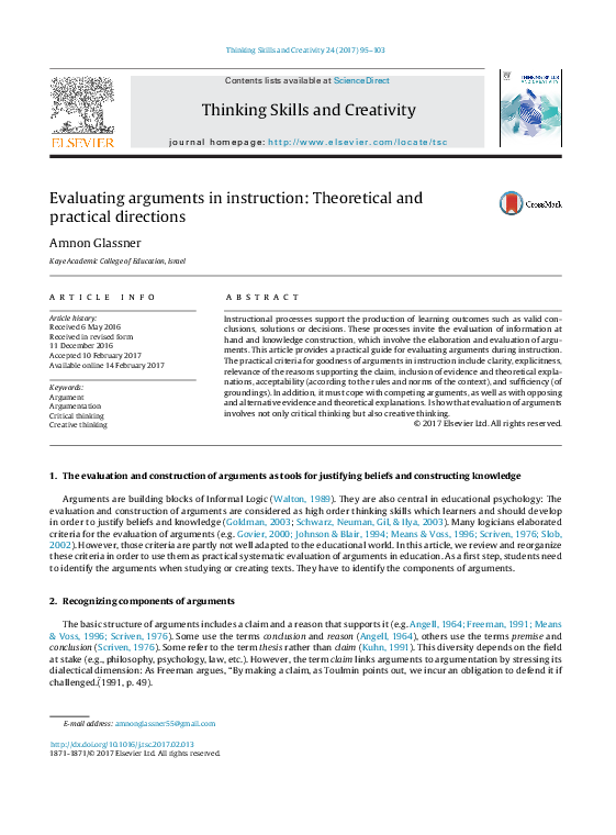 (PDF) Evaluating arguments in instruction: Theoretical and practical ... (PDF) Evaluating arguments in instruction: Theoretical and practical ...