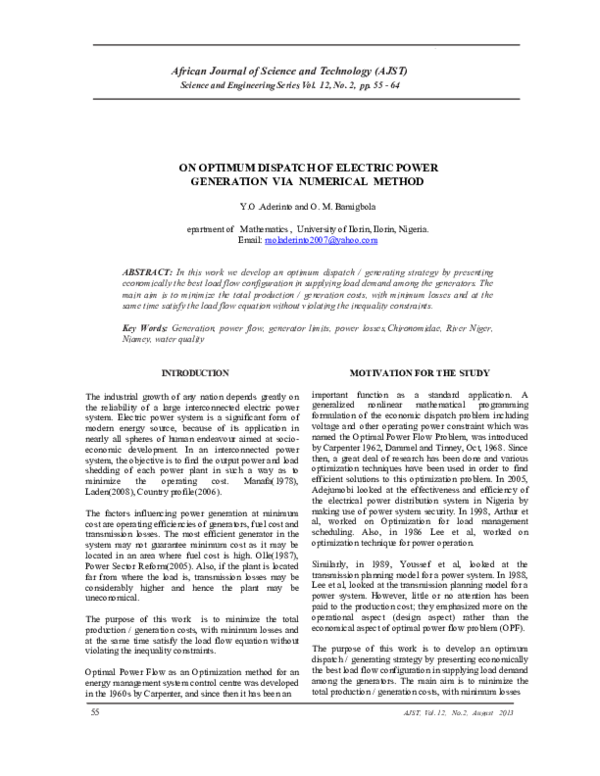 Pdf On Optimum Dispatch Of Electric Power Generation Via Numerical Method