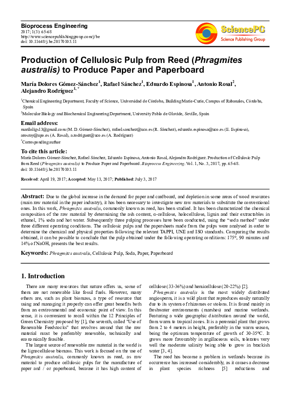 (PDF) Production of Cellulosic Pulp from Reed (Phragmites australis) to ...