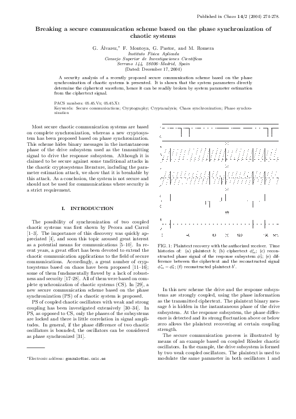 Pdf Breaking A Secure Communication Scheme Based On The Phase Synchronization Of Chaotic Systems