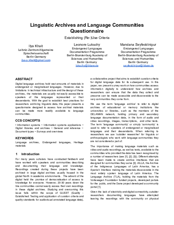 (PDF) Linguistic Archives and Language Communities Questionnaire