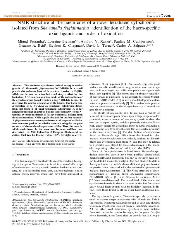 (PDF) NMR structure of the haem core of a novel tetrahaem cytochrome ...