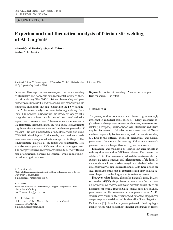 (PDF) Experimental and theoretical analysis of friction stir welding of Al–Cu joints