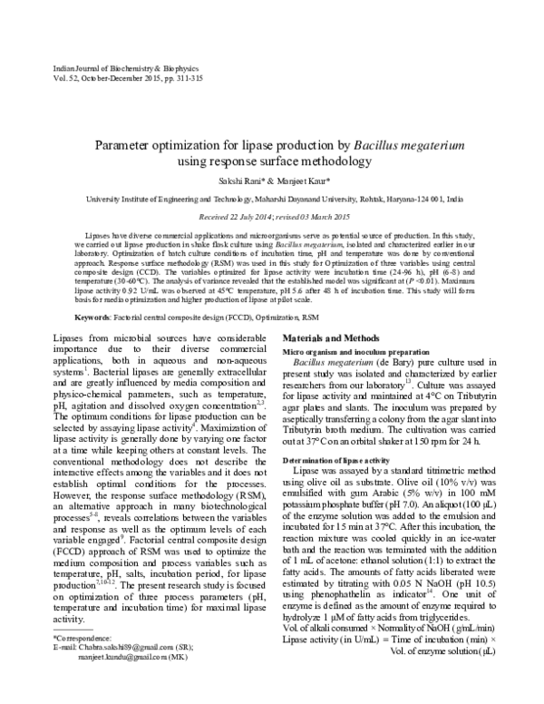 Pdf Parameter Optimization For Lipase Production By Bacillus Megaterium Using Response Surface