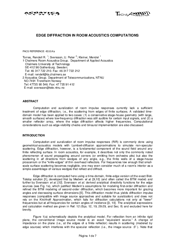 (PDF) Edge Diffraction in Room Acoustics Computations