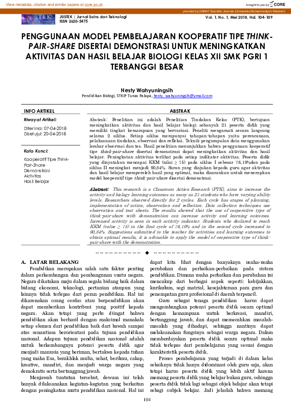 (PDF) Penggunaan Model Pembelajaran Kooperatif Tipe Think-Pair-Share Disertai Demonstrasi Untuk ...