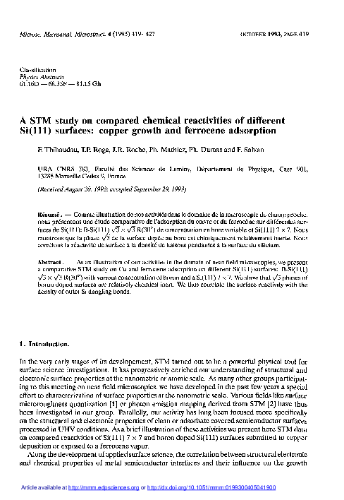 (PDF) A STM study on compared chemical reactivities of different Si(111 ...