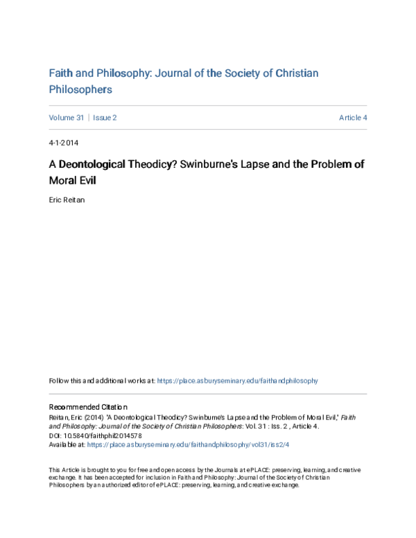 (PDF) A Deontological Theodicy? Swinburne’s Lapse and the Problem of ...