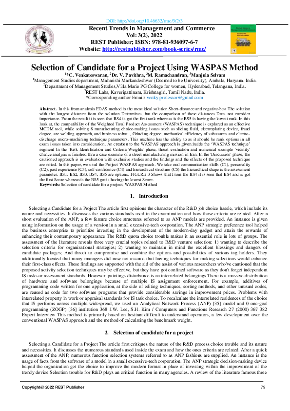 Pdf Selection Of Candidate For A Project Using Waspas Method