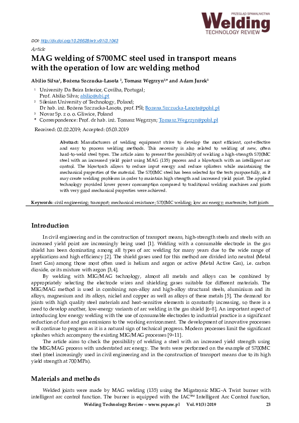 (PDF) MAG welding of S700MC steel used in transport means with the ...