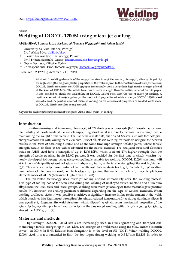 (PDF) Welding of DOCOL 1200M using micro-jet cooling