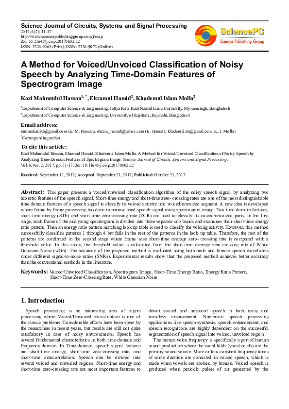 (PDF) A Method for Voiced/Unvoiced Classification of Noisy Speech by Analyzing Time-Domain ...