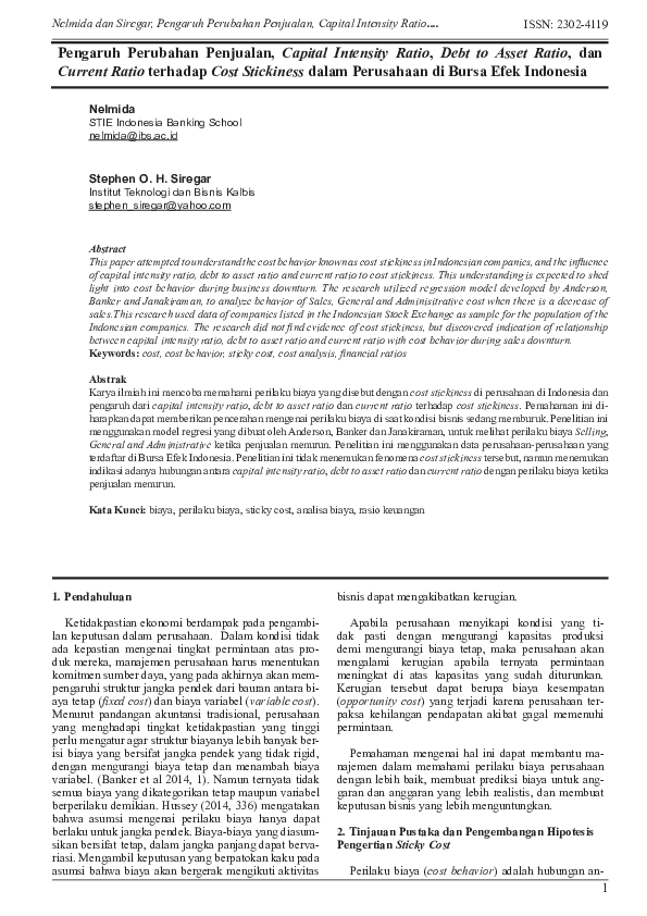 (PDF) Pengaruh Perubahan Penjualan,Capital Intensity Ratio, Debt to Asset Ratio, dan Current ...