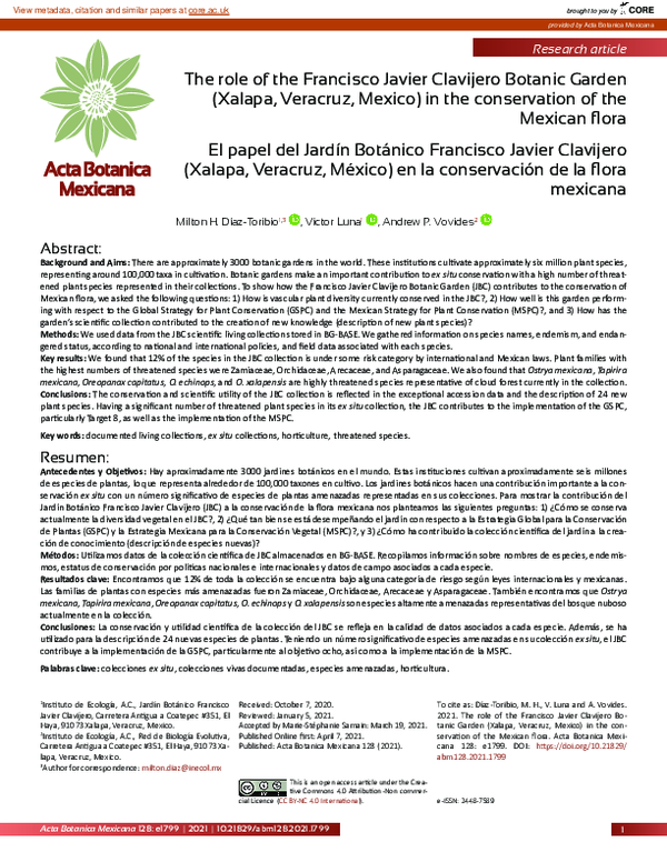 (PDF) The role of the Francisco Javier Clavijero Botanic Garden (Xalapa ...