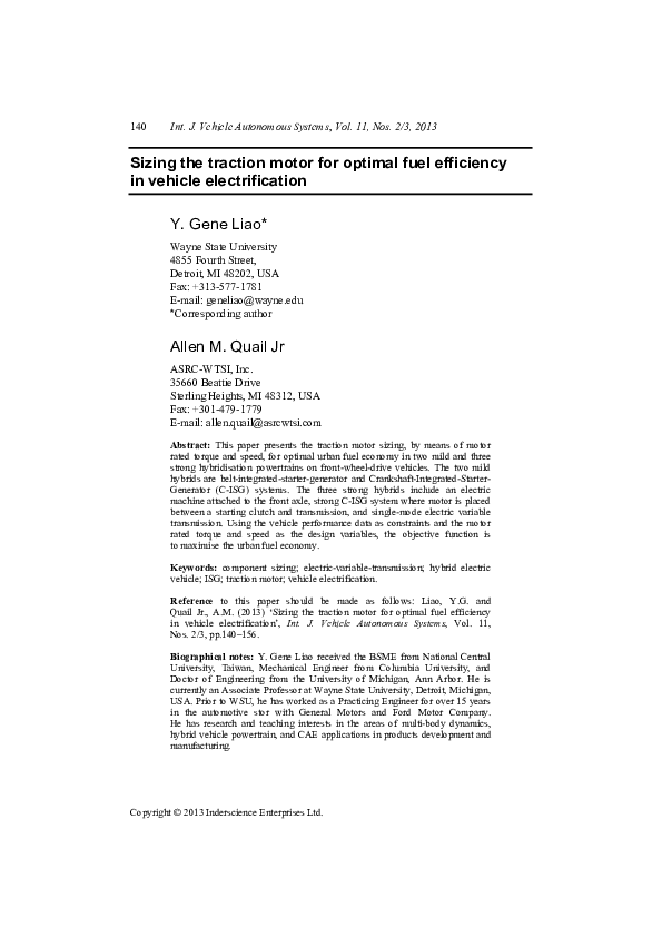 (PDF) Sizing the traction motor for optimal fuel efficiency in vehicle ...