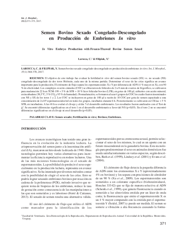 (PDF) Semen Bovino Sexado Congelado-Descongelado en Producción de Embriones In vitro