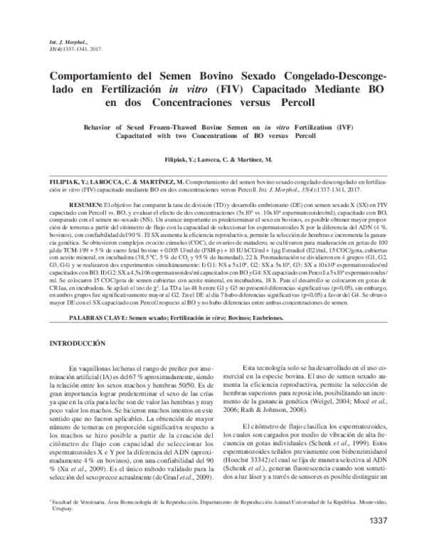 (PDF) Comportamiento del Semen Bovino Sexado Congelado-Descongelado en ...