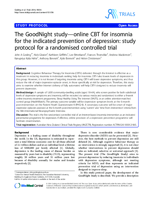 (PDF) The GoodNight study—online CBT for insomnia for the indicated ...