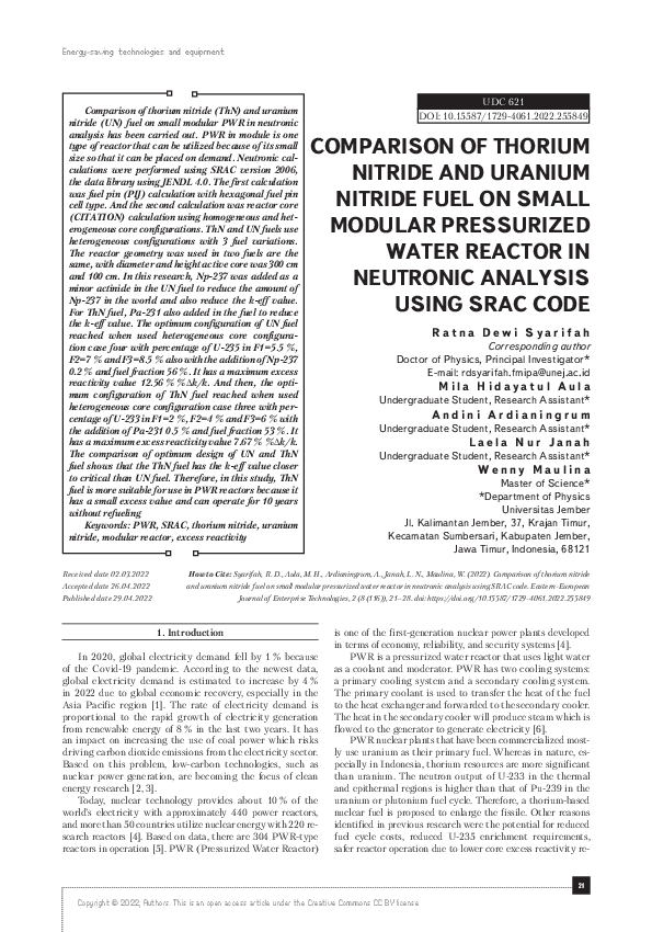 (PDF) Comparison of thorium nitride and uranium nitride fuel on small modular pressurized water ...