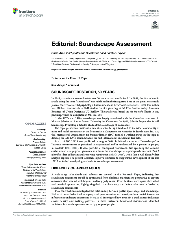 (PDF) Editorial: Soundscape Assessment