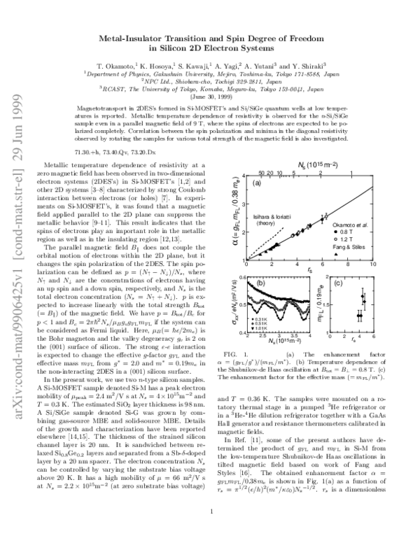 (PDF) Metal–insulator transition and spin degree of freedom in Silicon 2D electron systems