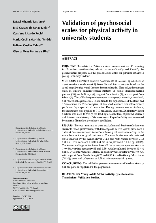 (PDF) Validation of psychosocial scales for physical activity in ...