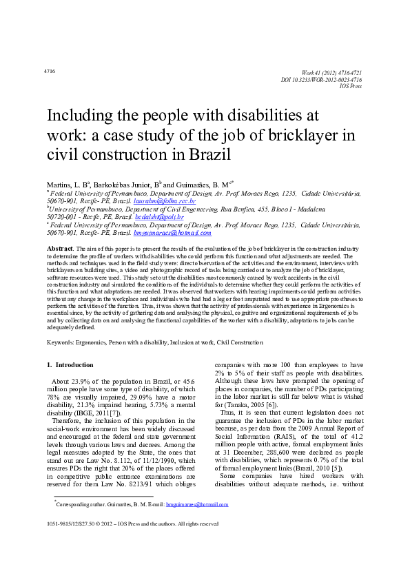 (PDF) Including the people with disabilities at work: a case study of the job of bricklayer in ...