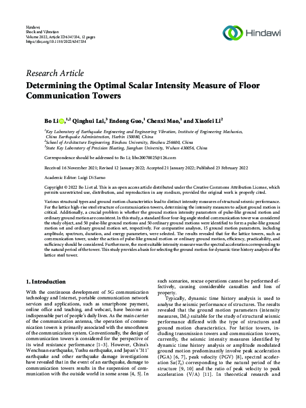 Pdf Determining The Optimal Scalar Intensity Measure Of Floor Communication Towers Bo Li
