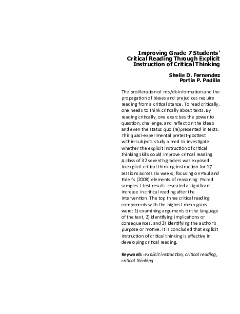 (PDF) Improving Grade 7 Students’ Critical Reading Through Explicit ...