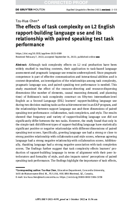 (PDF) Chen, T.-H. (2022). The effects of task complexity on L2 English rapport-building language ...