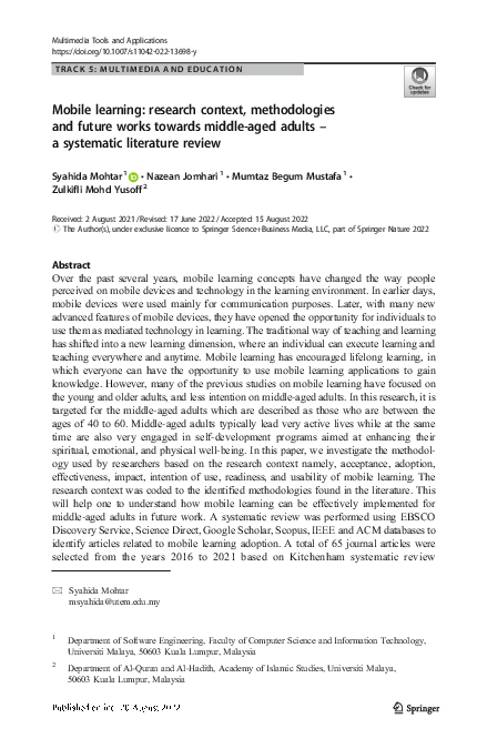 Pdf Mobile Learning Research Context Methodologies And Future Works Towards Middle Aged
