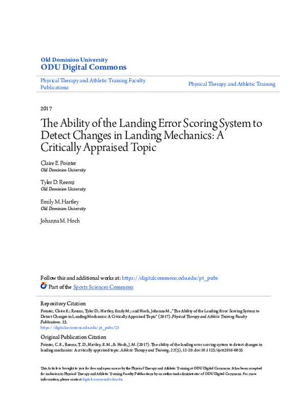 (PDF) The Ability of the Landing Error Scoring System to Detect Changes in Landing Mechanics: A ...