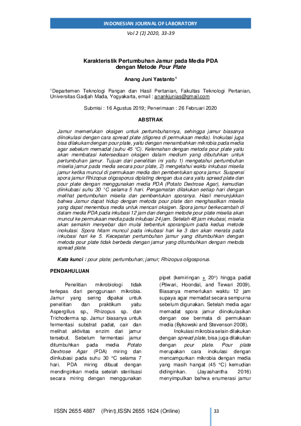 (PDF) Karakteristik Pertumbuhan Jamur pada Media PDA dengan Metode Pour ...