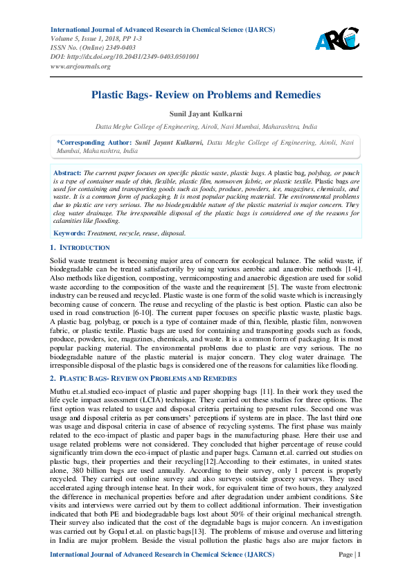(PDF) Plastic Bags- Review on Problems and Remedies
