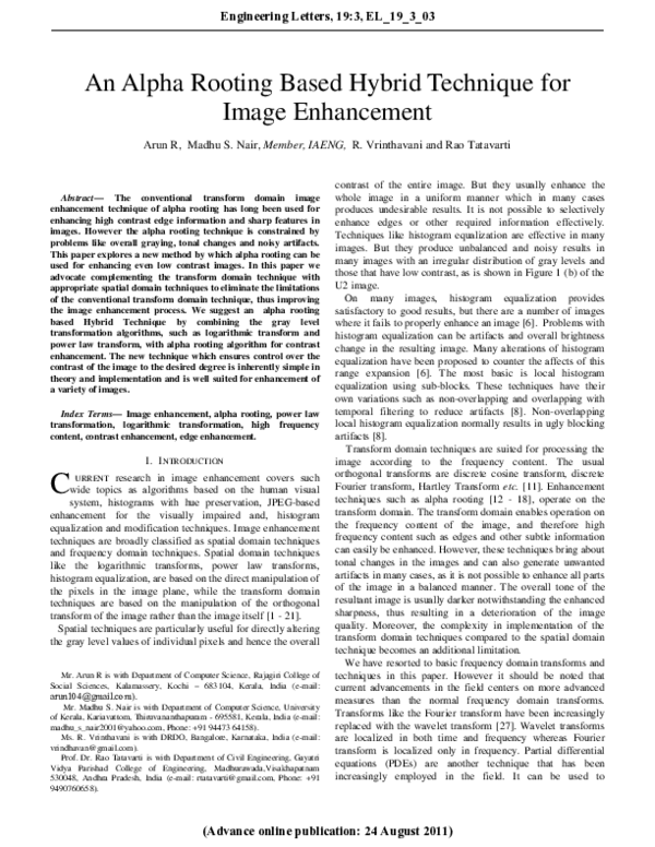 Pdf An Alpha Rooting Based Hybrid Technique For Image Enhancement